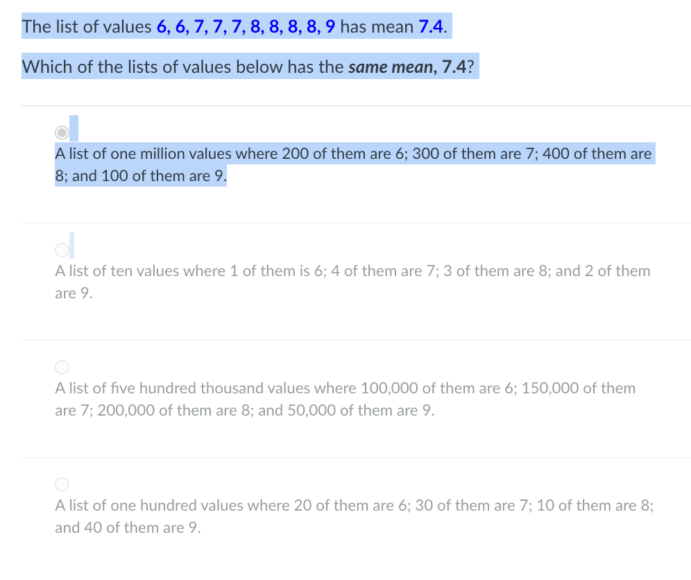 Solved Which of the lists of values below has the same mean, | Chegg.com