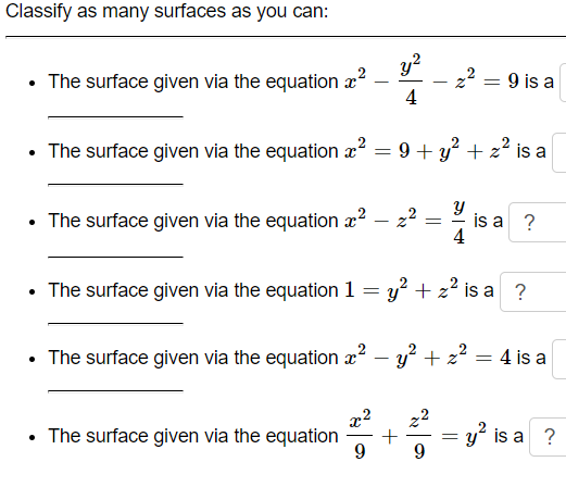 Solved Classify as many surfaces as you can: y2 The surface | Chegg.com