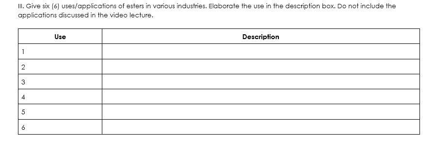 Solved III. Give six (6) uses/applications of esters in | Chegg.com