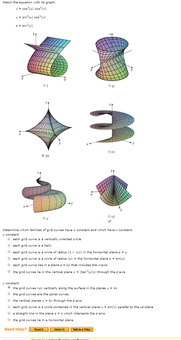 Solved Match the equation with its graph. x = cos(u) cos(v) | Chegg.com