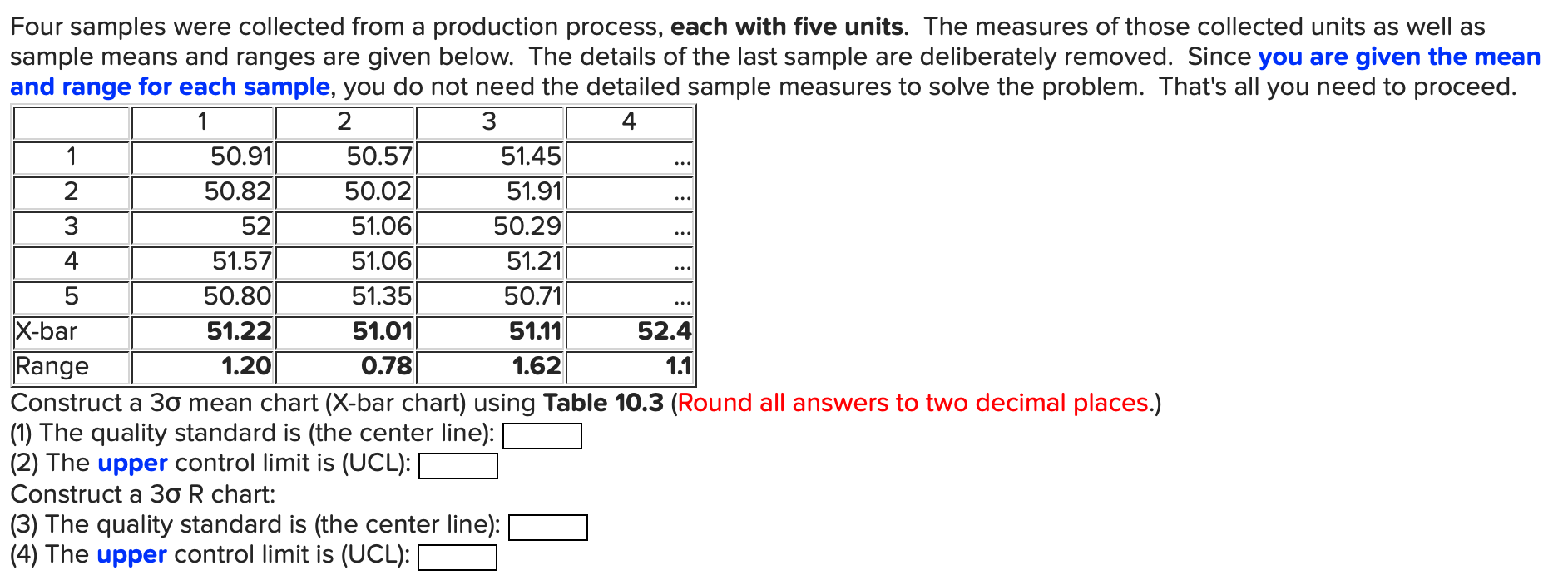 Solved Four samples were collected from a production | Chegg.com