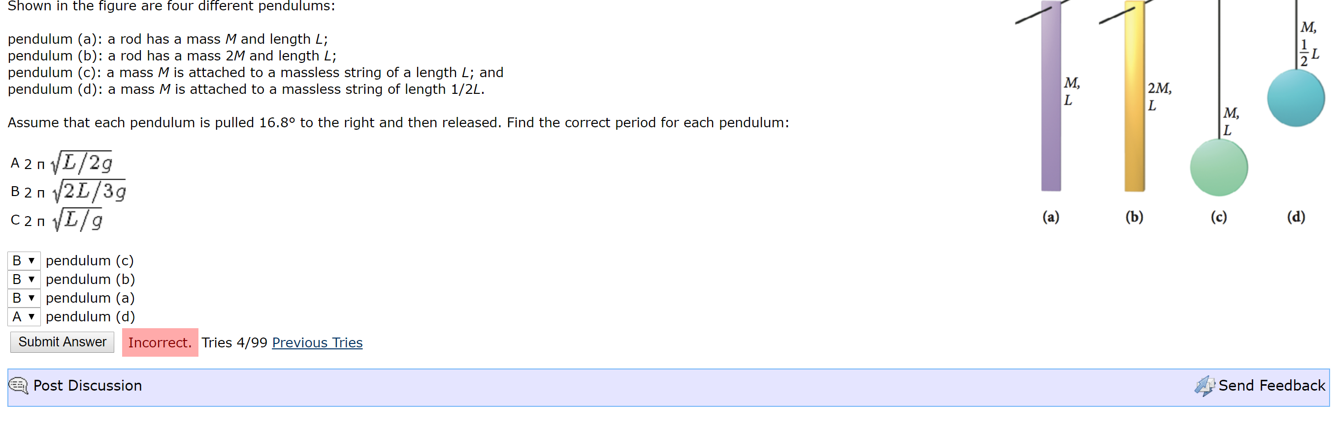 Solved shown in the figure are four different pendulums: | Chegg.com