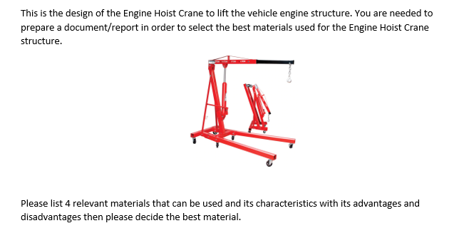 This is the design of the Engine Hoist Crane to lift | Chegg.com