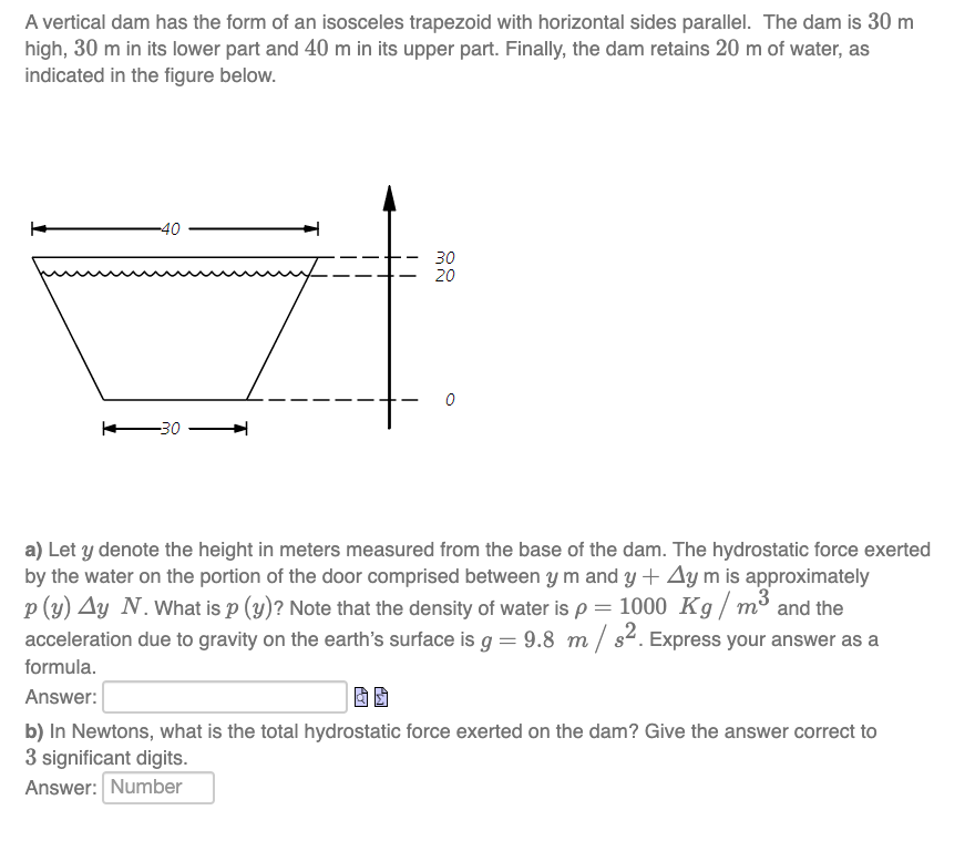 Solved A vertical dam has the form of an isosceles trapezoid | Chegg.com