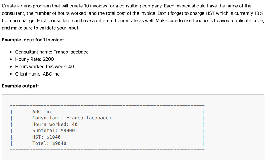 Solved Create a deno program that will create 10 invoices | Chegg.com