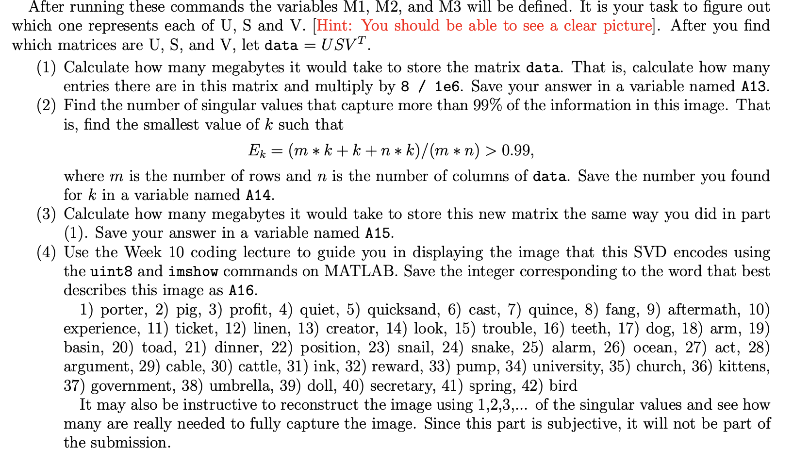Solved = After running these commands the variables M1, M2, | Chegg.com