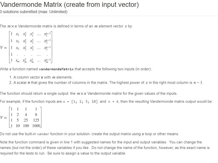 Solved Vandermonde Matrix Create From Input Vector O 