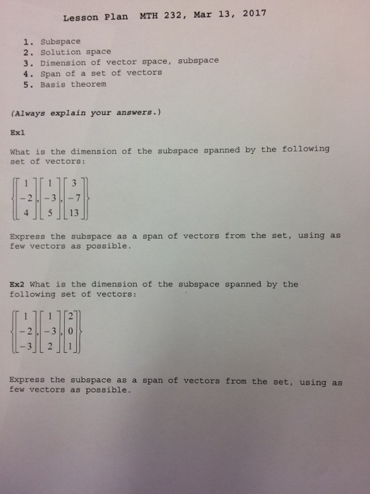 Solved Subspace Solution space Dimension of vector space, | Chegg.com