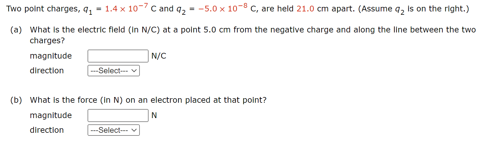 Solved Two point charges, q1=1.4×10−7C and q2=−5.0×10−8C, | Chegg.com