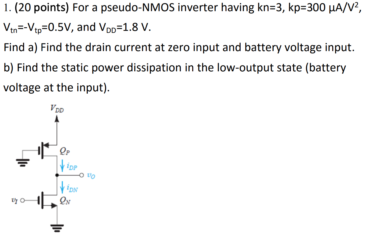 Solved 1. (20 points) For a pseudo-NMOS inverter having | Chegg.com