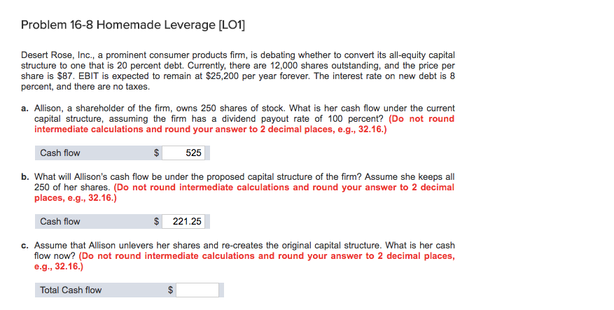 Solved Problem 16-8 Homemade Leverage [Lo1 Desert Rose, | Chegg.com