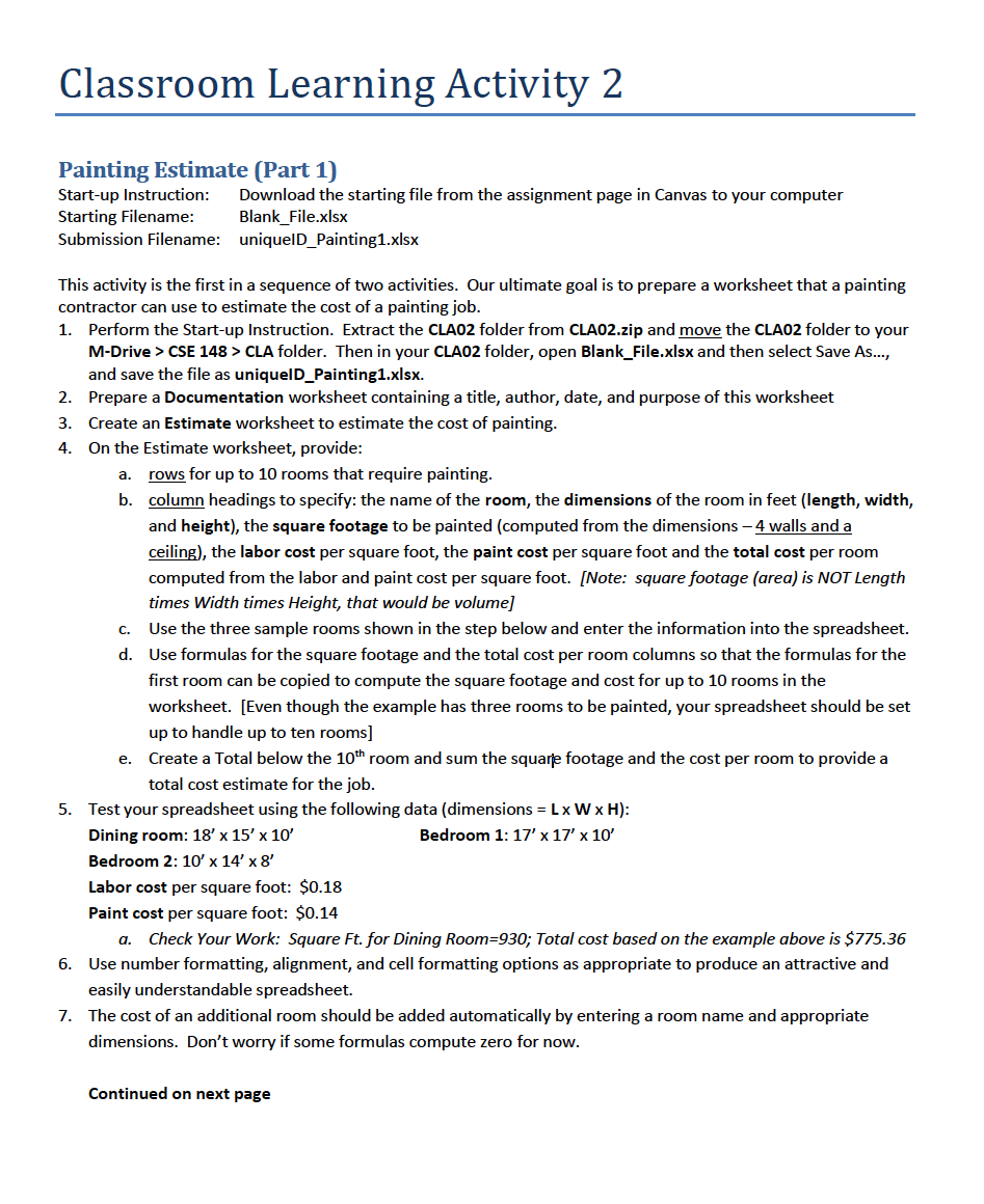 Classroom Learning Activity 2 Painting Estimate (Part | Chegg.com
