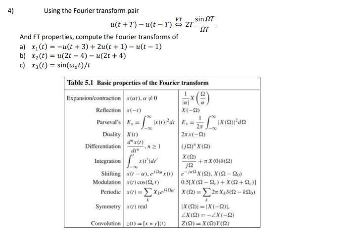Solved 4) Using the Fourier transform pair sin .ST u(t +T) - | Chegg.com