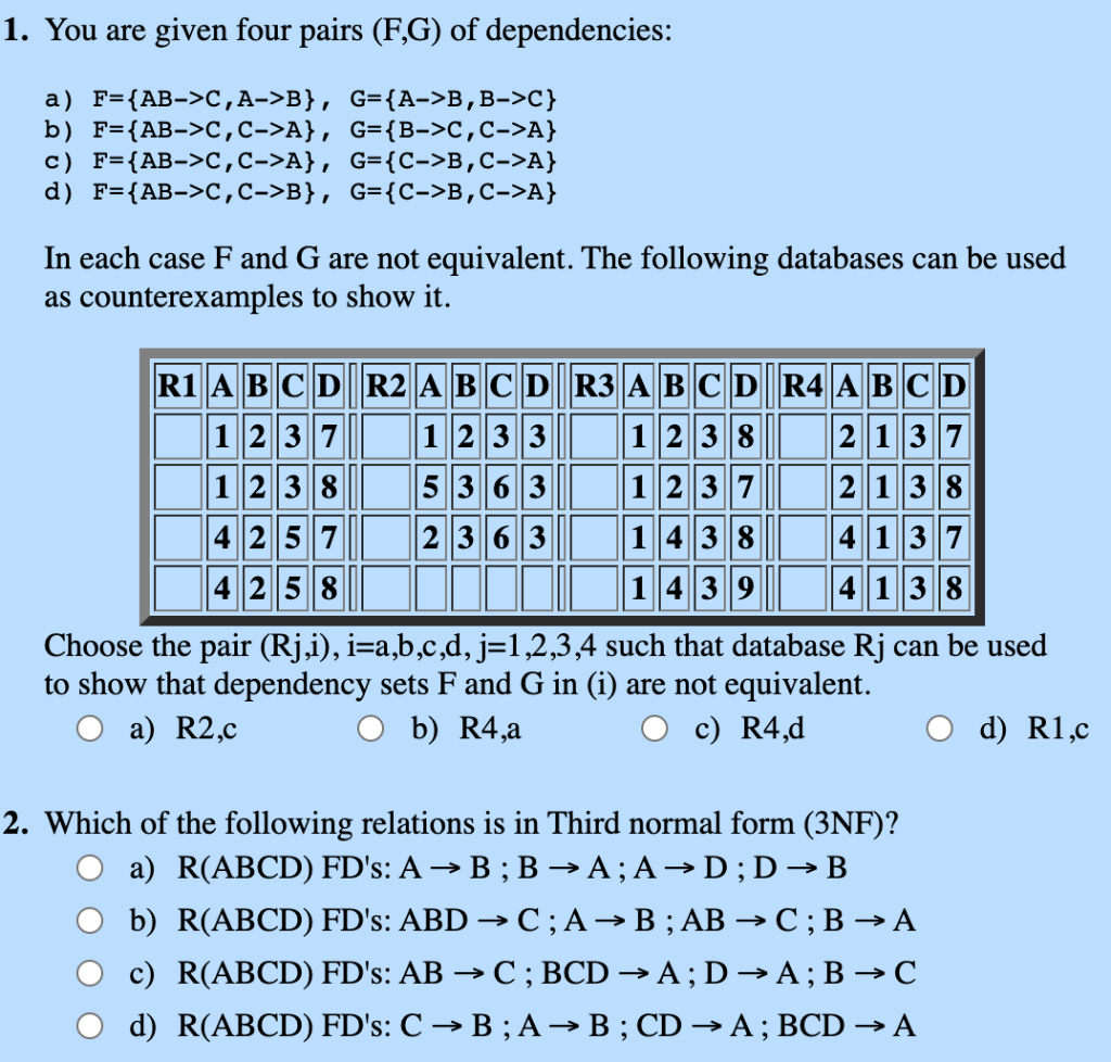 Solved You are given four pairs (F,G) of dependencies: a) | Chegg.com