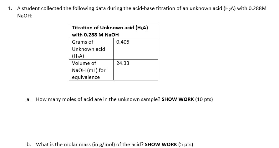 Solved 1. A student collected the following data during the | Chegg.com