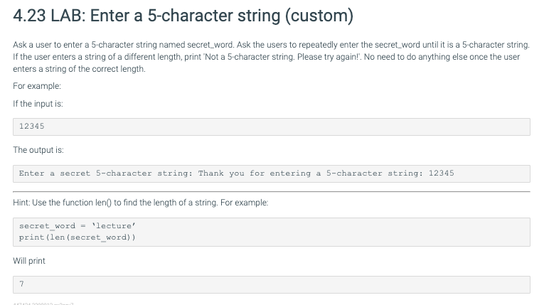 Solved 4.23 LAB: Enter a 5-character string (custom) Ask a | Chegg.com