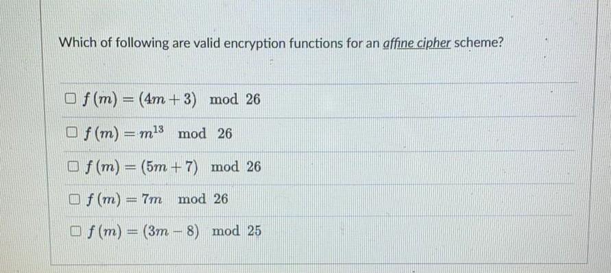 Solved Which of following are valid encryption functions for | Chegg.com