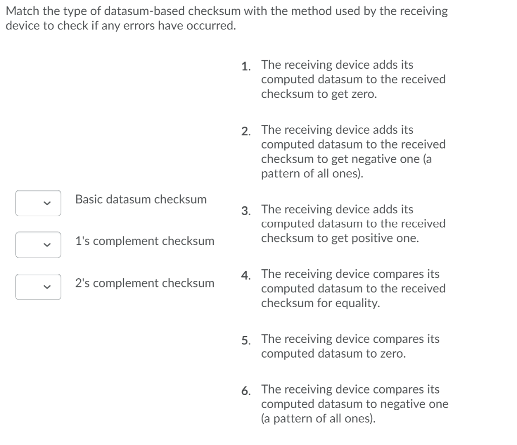 Solved Match the type of datasum-based checksum with the | Chegg.com