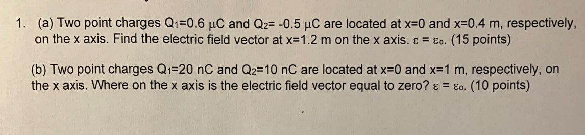 Solved 1. (a) Two point charges Q1=0.6 uC and Q2= -0.5 °C | Chegg.com