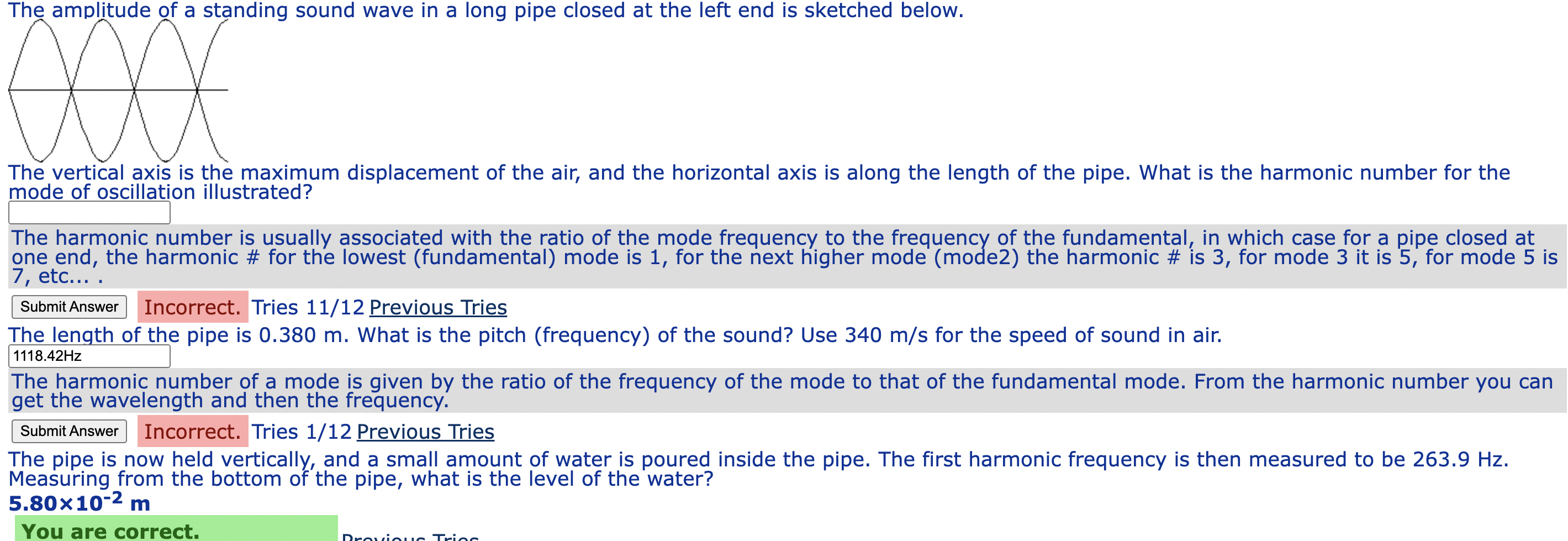 Solved The amblitude of a standing sound wave in a long pipe | Chegg.com