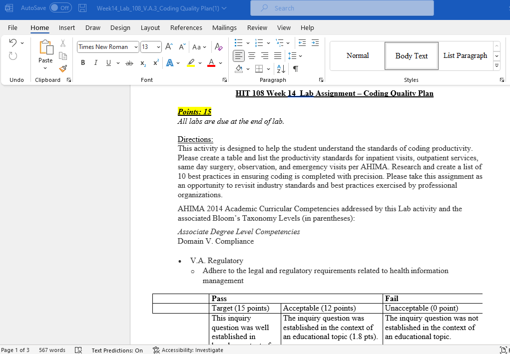 Solved HIT 108 Week 14 Lab Assignment - Coding Ouality Plan | Chegg.com