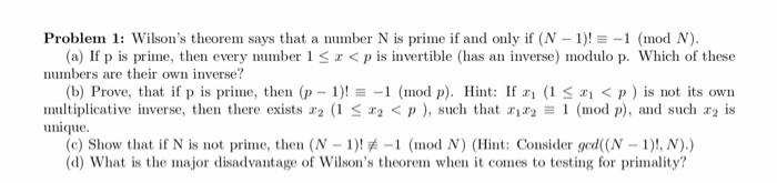 Solved Problem 1: Wilson's theorem says that a number N is | Chegg.com