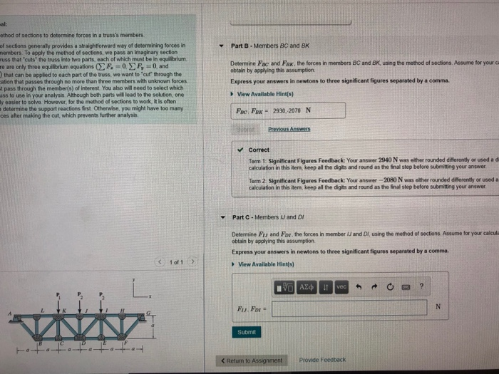Solved Part B - Members BC and BK thod of sections to | Chegg.com