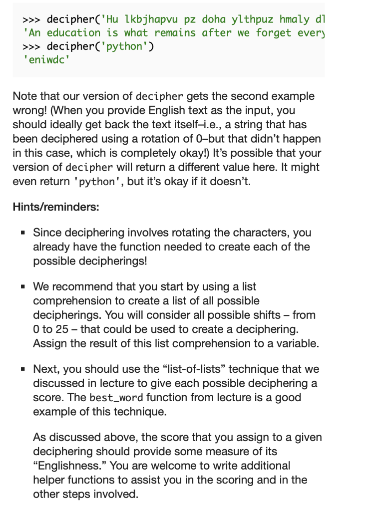 Solved 2. Write a function decipher(s) that takes as input | Chegg.com Solved 2. Write a function decipher(s) that takes as input | Chegg.com