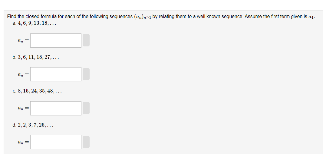 Solved Find the closed formula for each of the following | Chegg.com