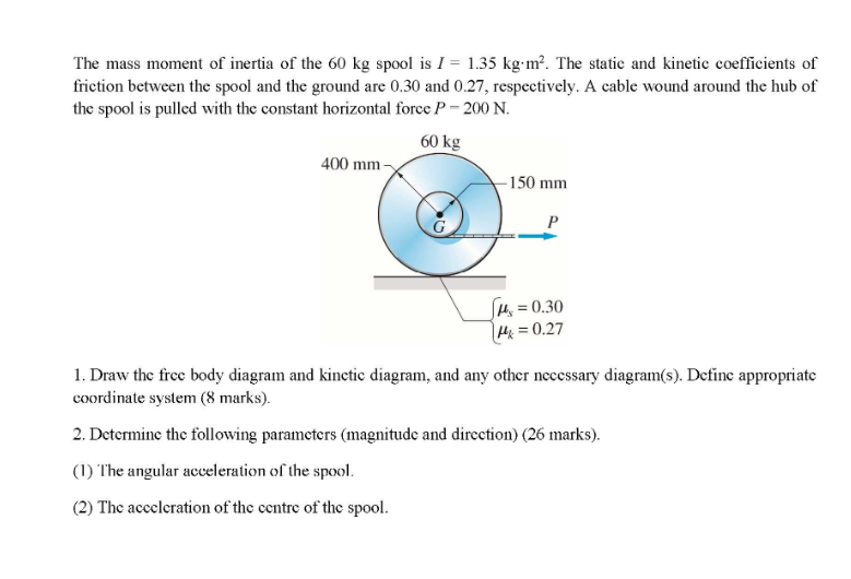 Solved The mass moment of inertia of the 60 kg spool is I = | Chegg.com