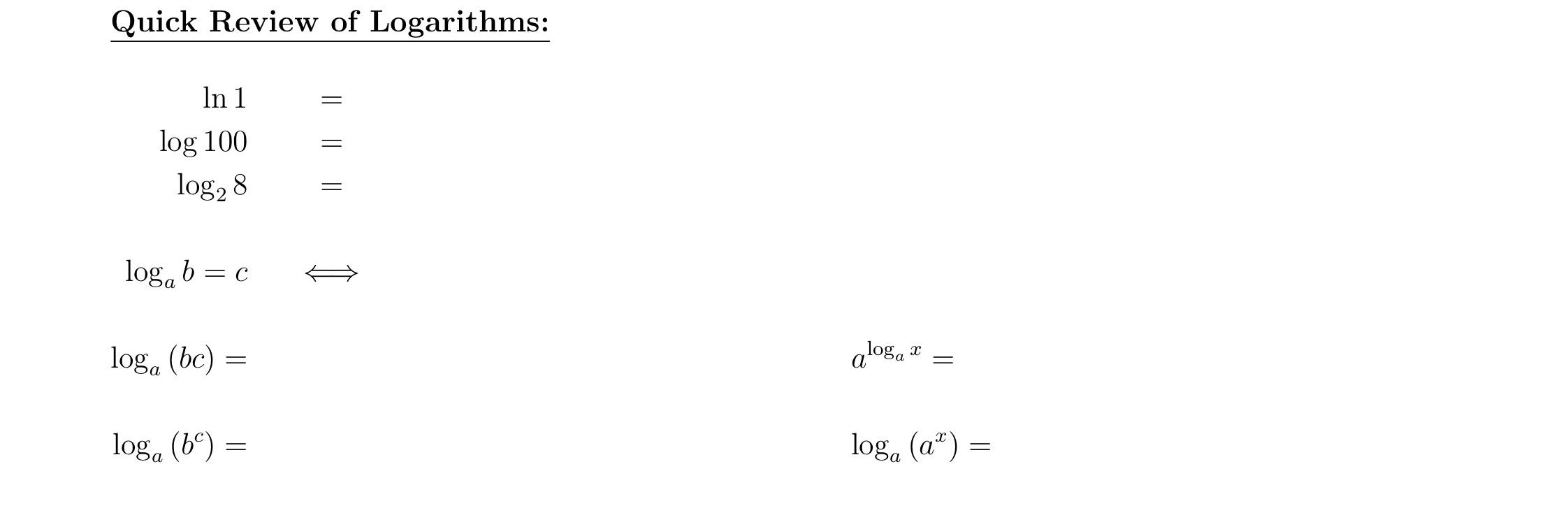 Solved Quick Review of Logarithms: = In 1 log 100 log2 8 = | Chegg.com