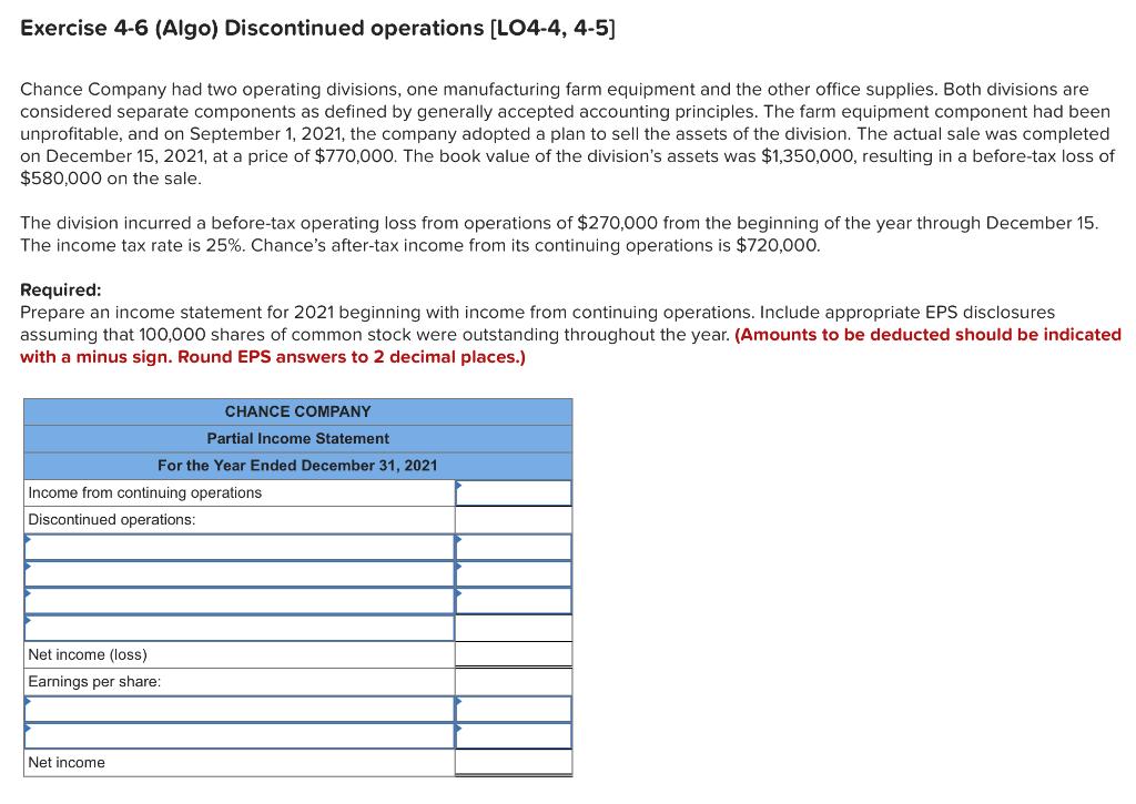 Solved Exercise 4-6 (Algo) Discontinued operations [LO4-4, | Chegg.com
