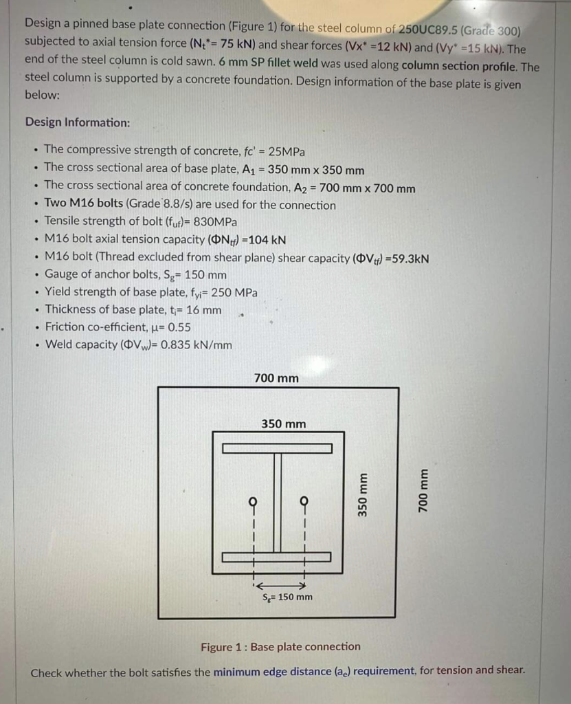 Design a pinned base plate connection (Figure 1) for | Chegg.com