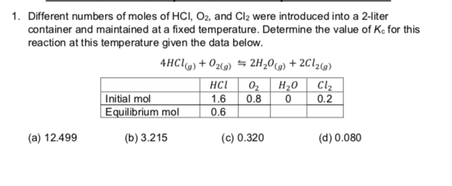Solved 1. Different numbers of moles of HCI, O2, and Cl2 | Chegg.com