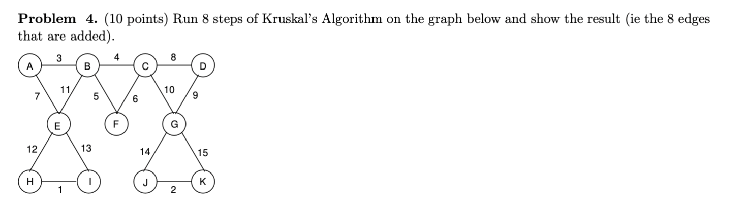 Solved Problem 4. (10 points) Run 8 steps of Kruskal's | Chegg.com Solved Problem 4. (10 points) Run 8 steps of Kruskal's | Chegg.com
