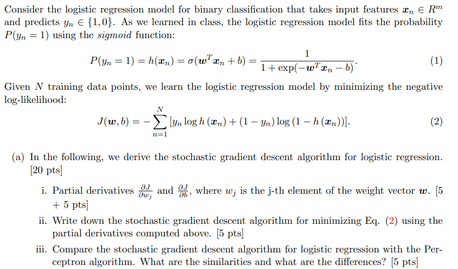 Consider the logistic regression model for binary | Chegg.com