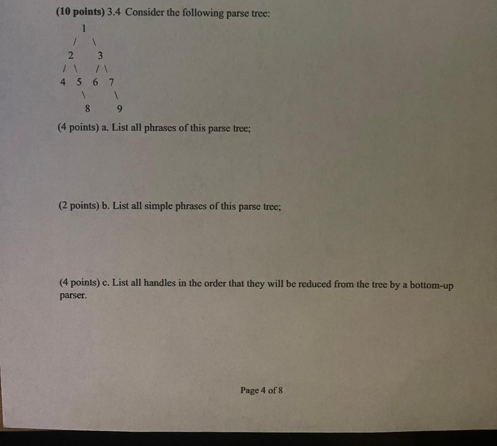 Solved (10 points) 3.4 Consider the following parse tree: (4 | Chegg.com