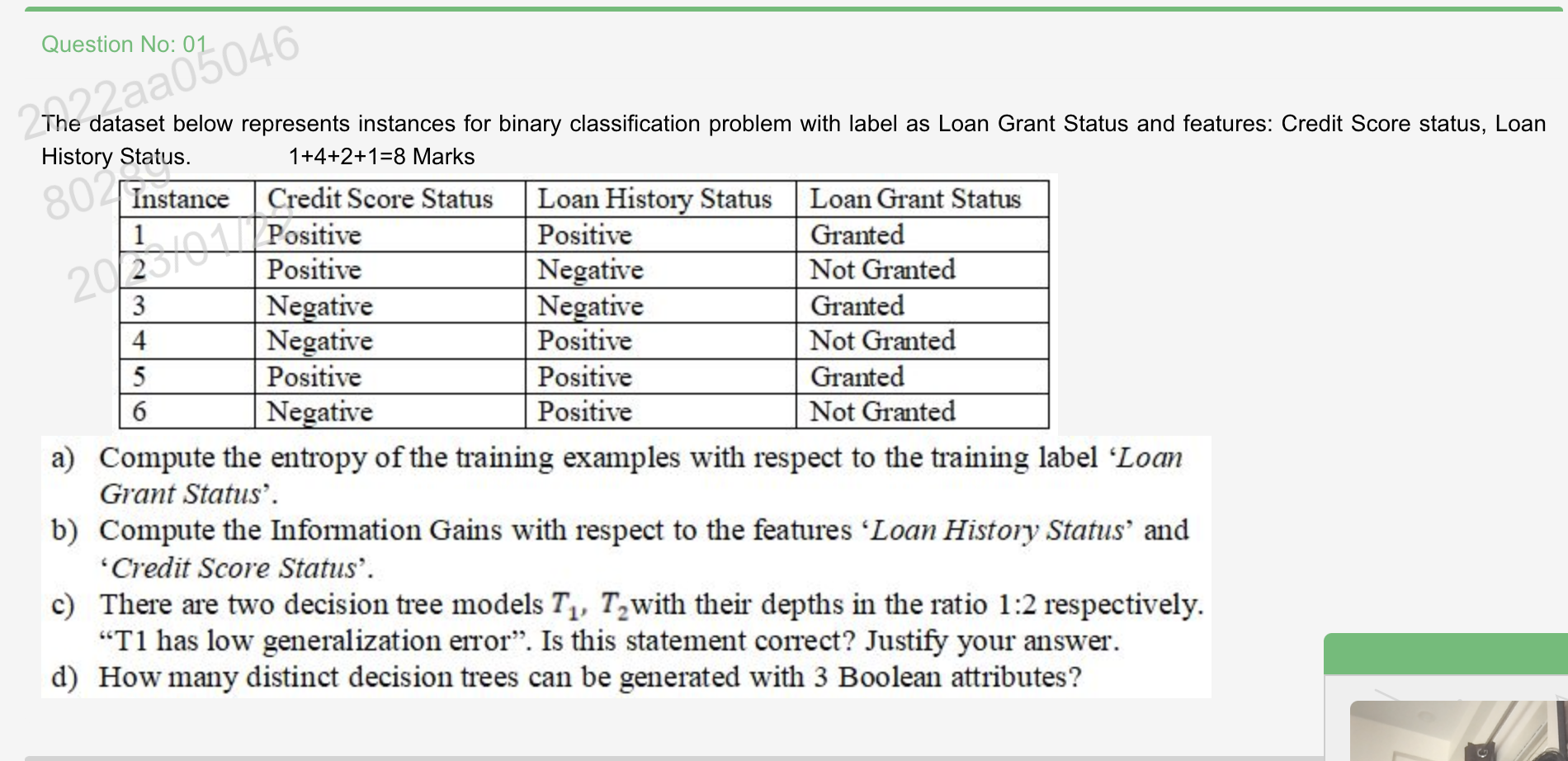 Solved The dataset below represents instances for binary | Chegg.com