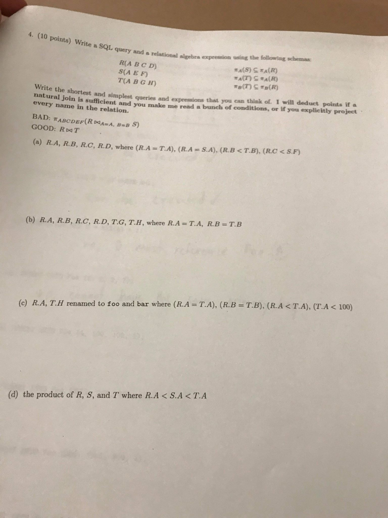 Solved 4. (10 points) Write a SQL query and a relati in the | Chegg.com