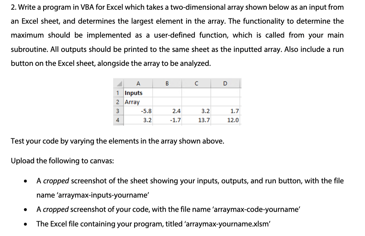 2. Write a program in VBA for Excel which takes a | Chegg.com