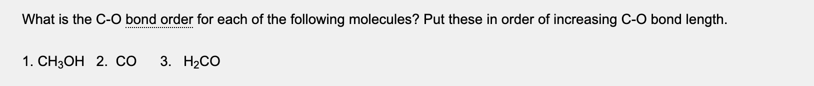 Solved What is the C−O bond order for each of the following | Chegg.com