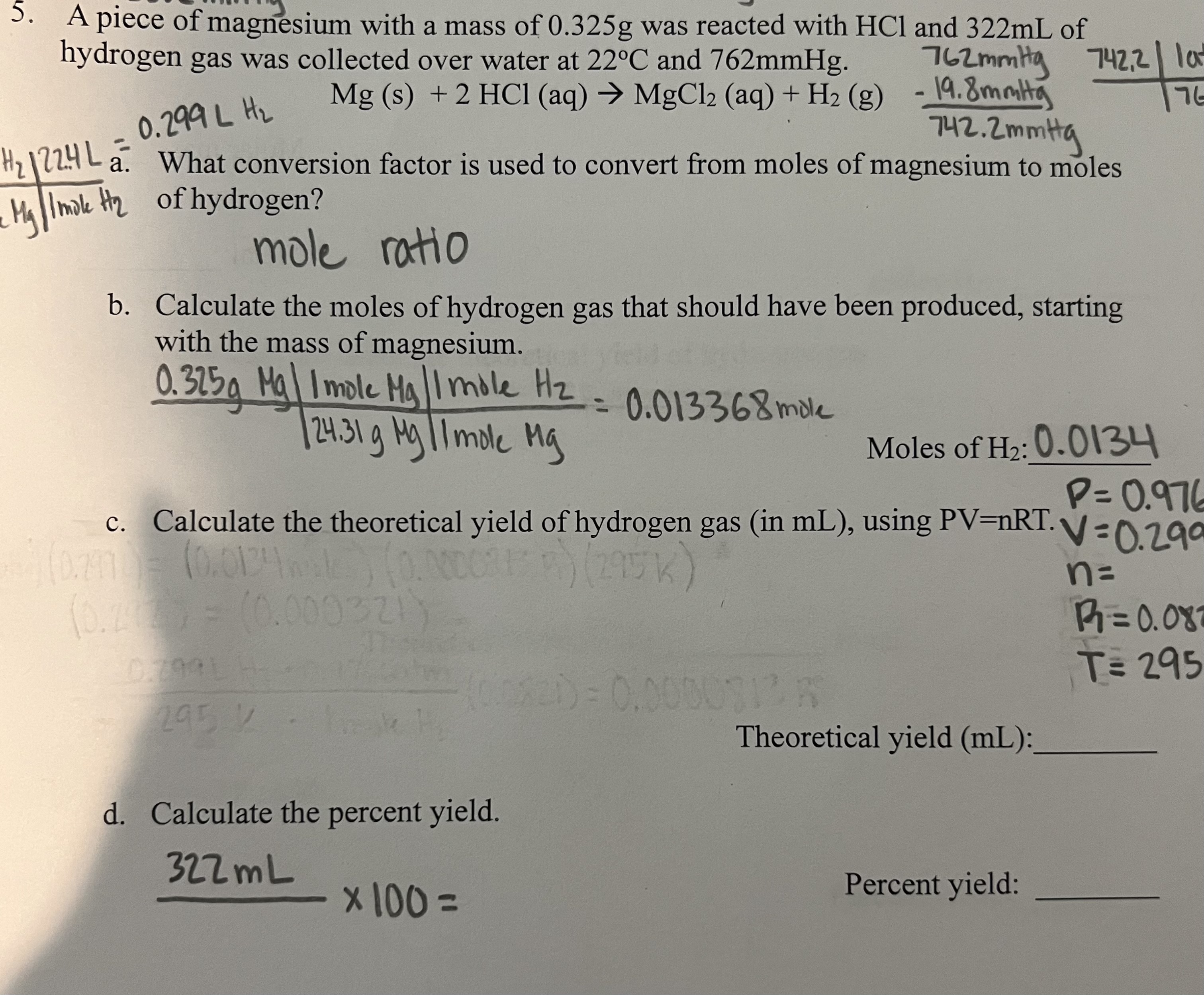 Solved A piece of magnesium with a mass of 0.325g ﻿was | Chegg.com