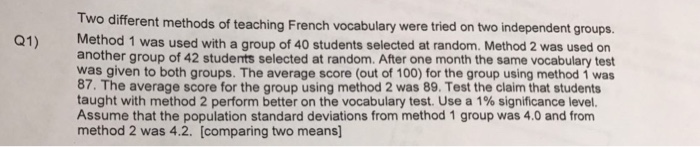 Solved Two different methods of teaching French vocabulary | Chegg.com
