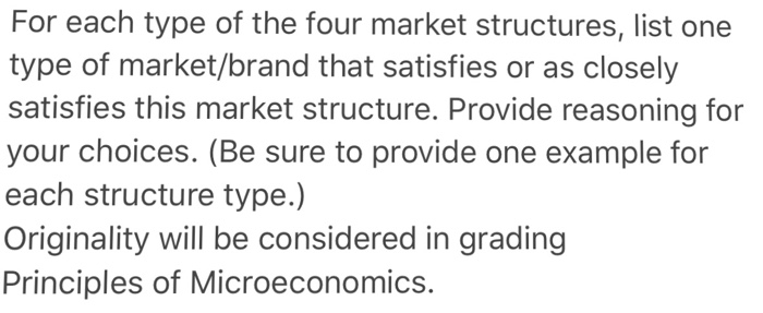 Solved For each type of the four market structures, list one | Chegg.com