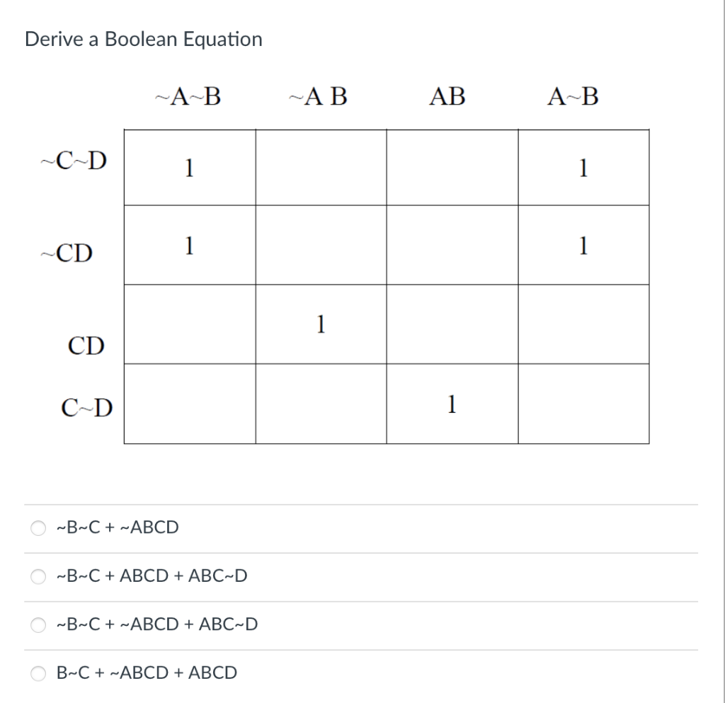 Solved Derive a Boolean Equation -A-B ~AB AB A-B -C-D 1 1 | Chegg.com