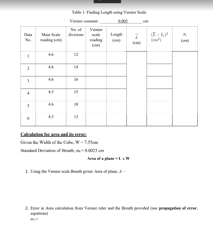 Solved cm Table 1: Finding Length using Vernier Scale | Chegg.com
