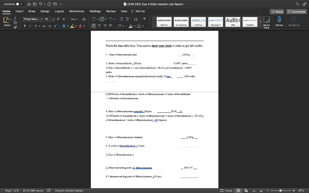 Solved AutoSave OFF OF AOOO... CHM 202L Exp 4 Aldol reaction | Chegg.com