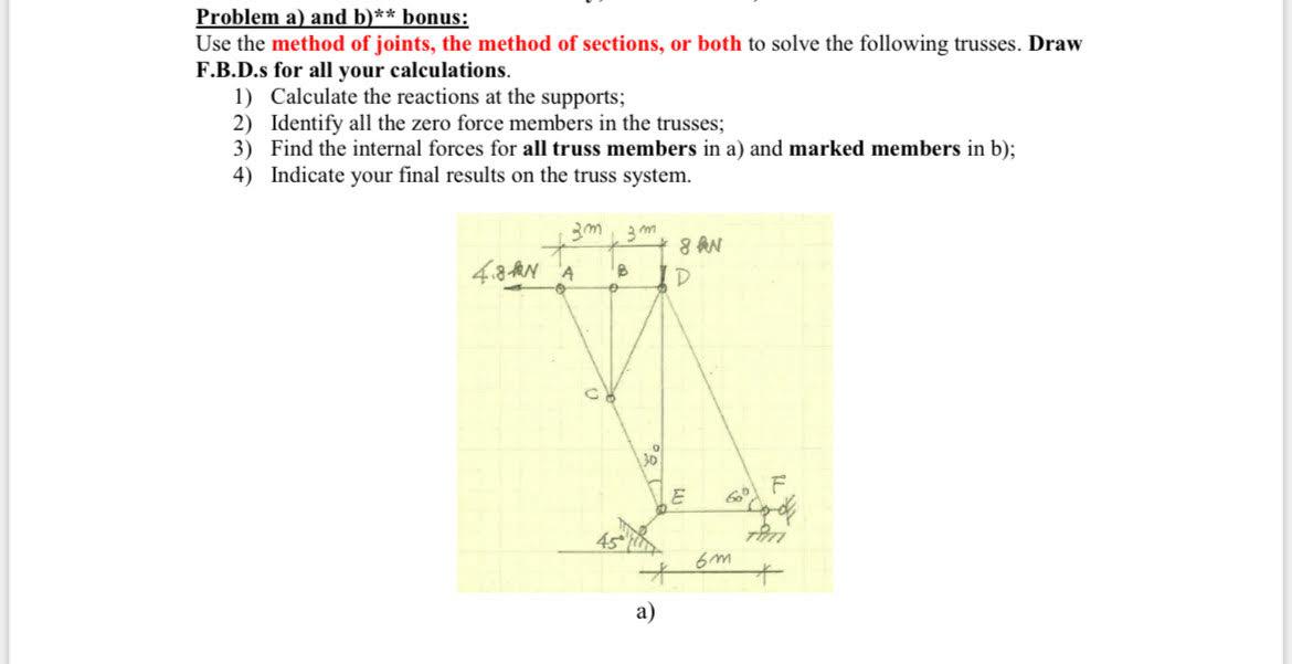 Solved Problem a and b)** bonus: Use the method of joints, | Chegg.com