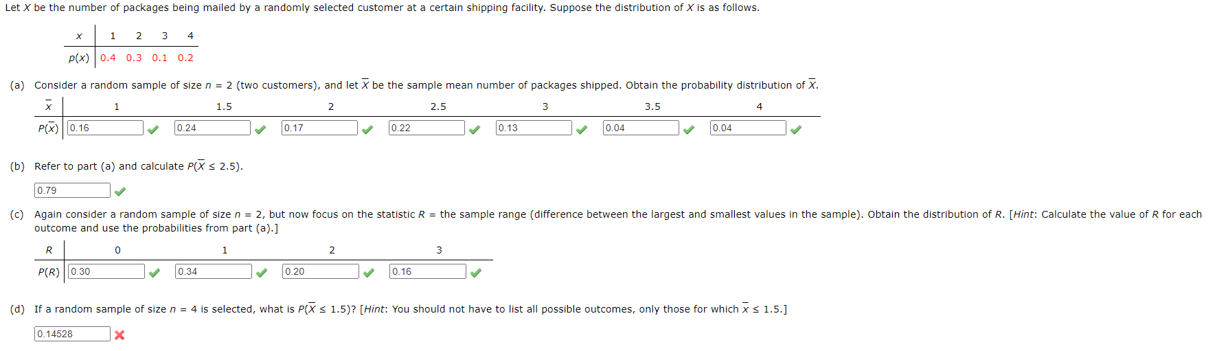 Solved (d) If a random sample of size n=4 is selected, what | Chegg.com