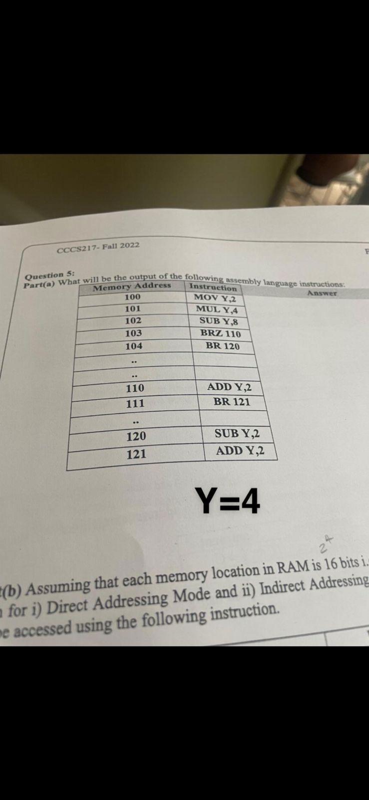 Solved Question 5: Y=4 (b) Assuming that each memory | Chegg.com
